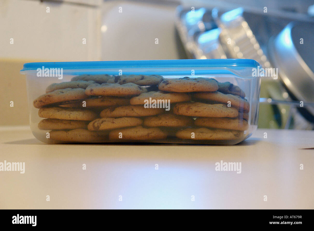 Still Life of a Plastic Container filled with Home Baked Chocolate Chip ...