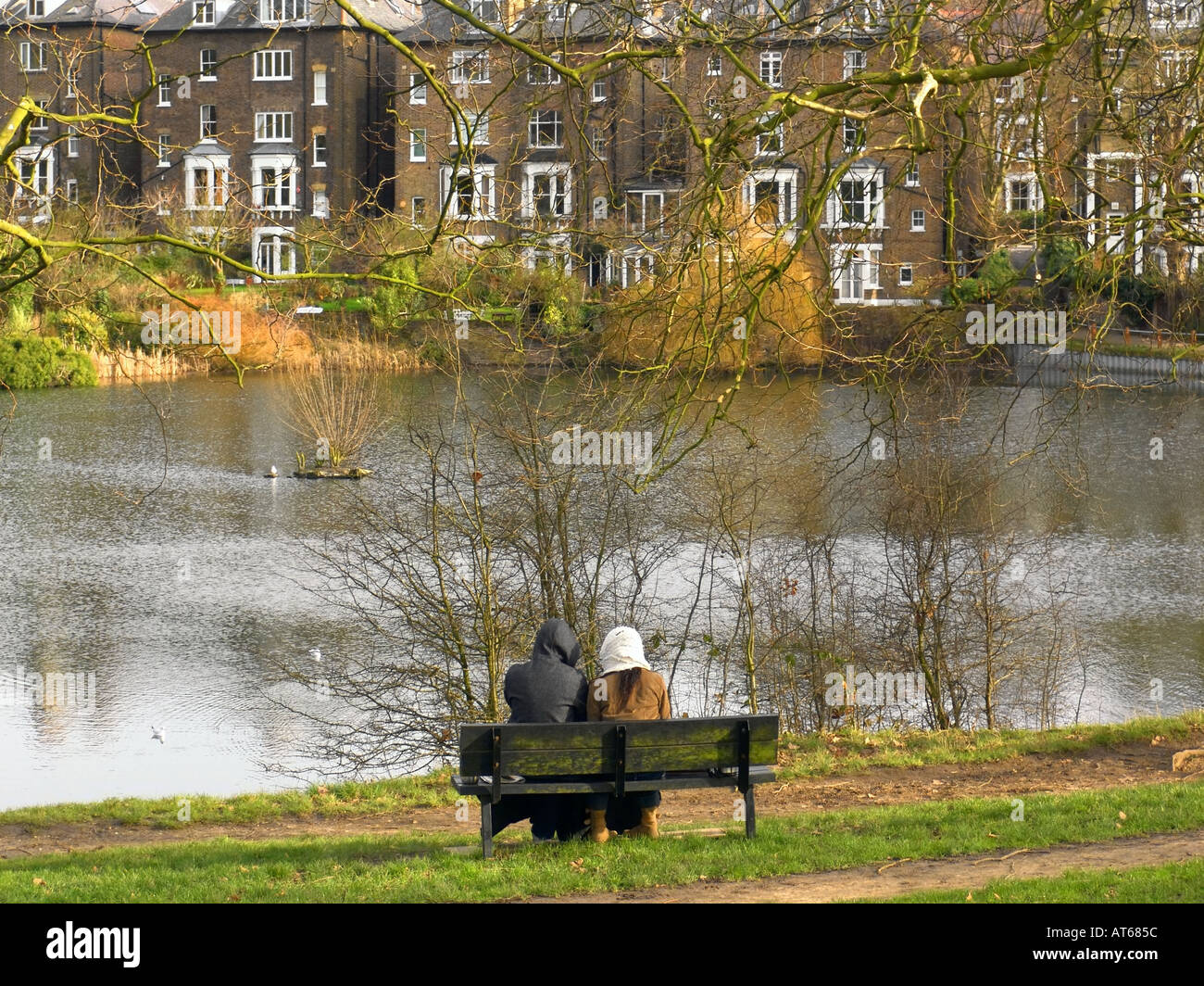 hampstead heath camden london hampstead ponds lake couple sitting on ...
