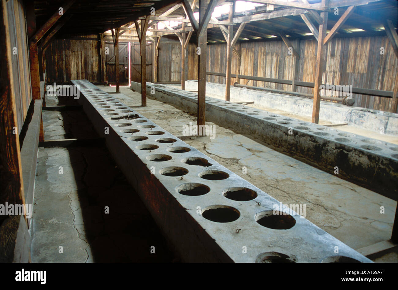 Group toilets at Birkenau near Auschwitz Nazi death camp site of the ...