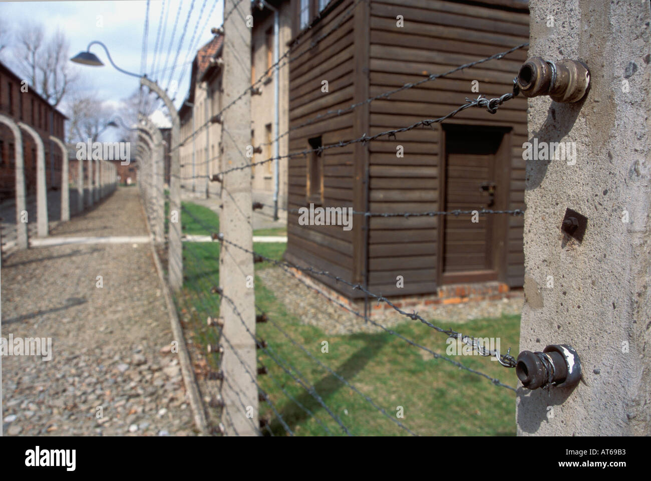 Electrified barb wired fence at Auschwitz Nazi death camp in Poland ...