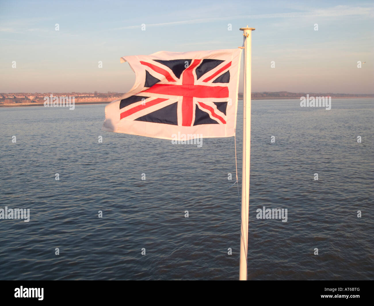 Union Jack flag flying off the stern of the Mersey Ferry Stock Photo ...