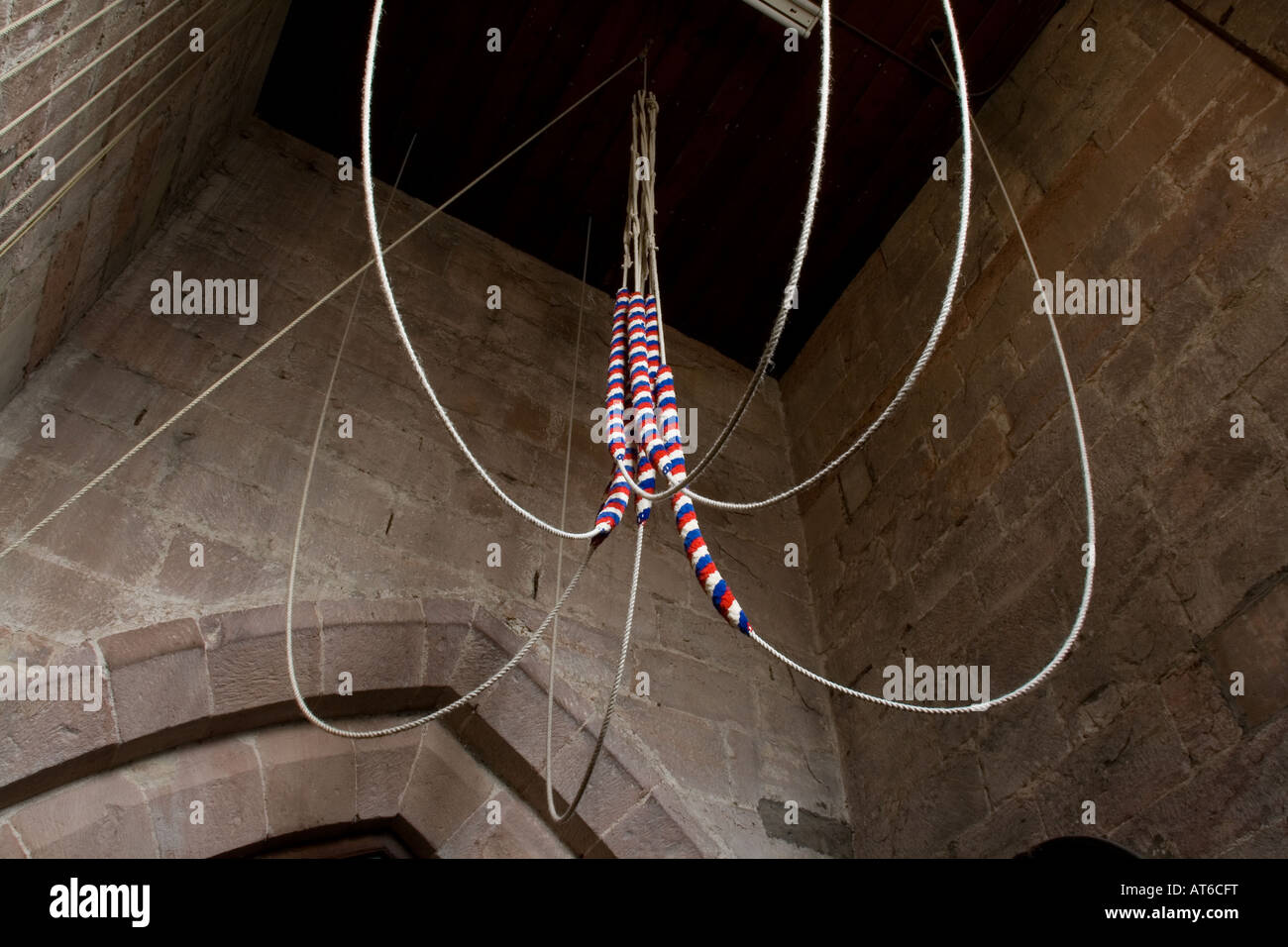 Bell ropes at St Mary the Virgin, Overton, Wrexham, Wales Stock Photo ...