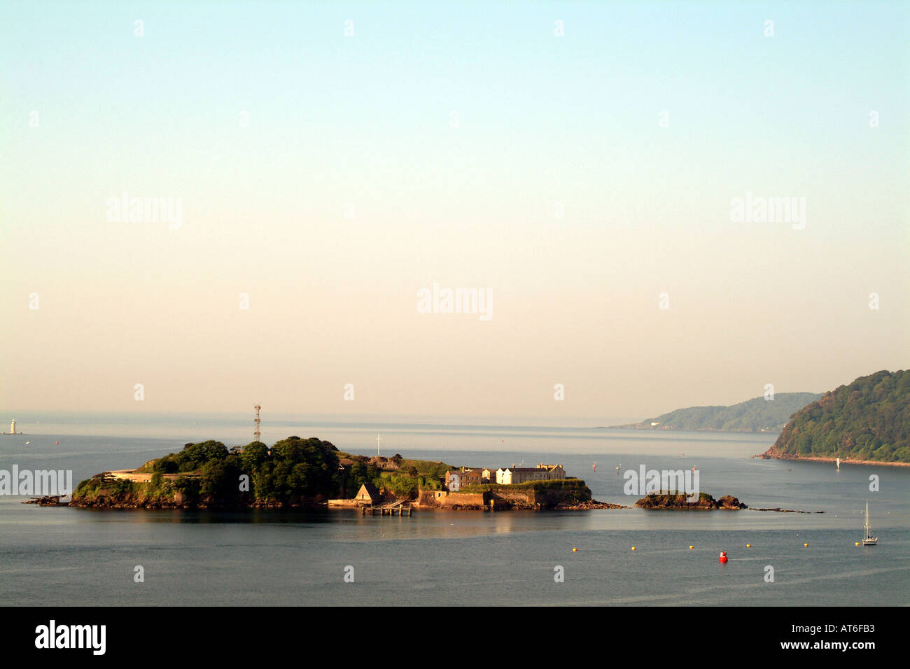 Evening light over Drake Island Plymouth Devon England UK United ...