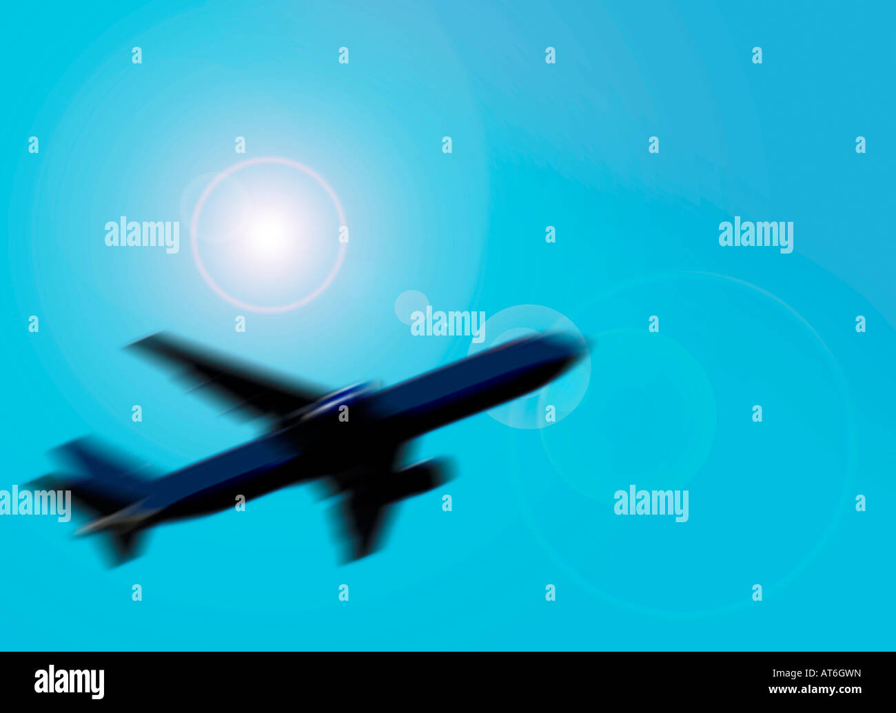 Airplane traveling in blue sky Stock Photo - Alamy