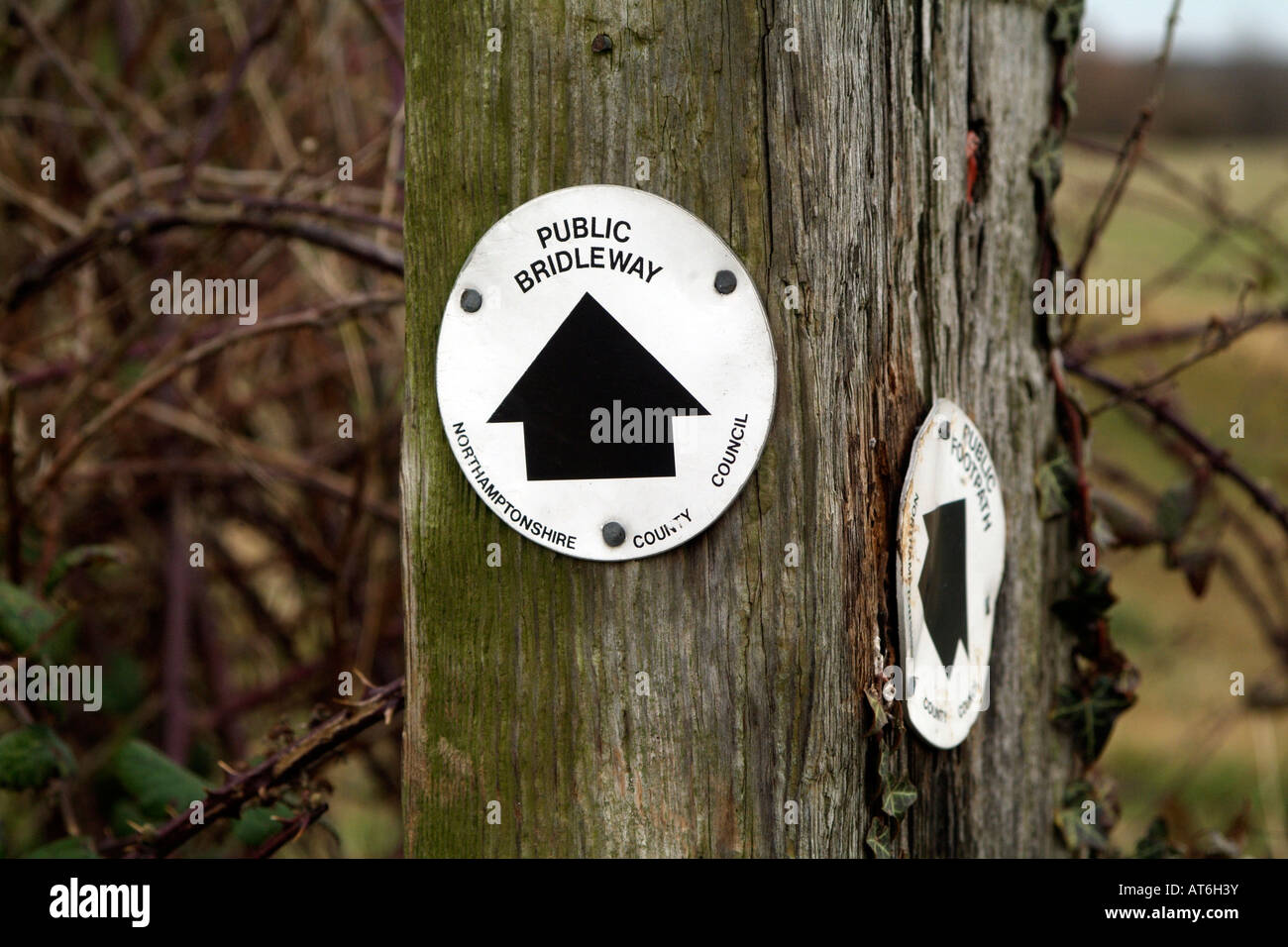 Public Bridleway Marker Sign on an old wooden post Stock Photo - Alamy