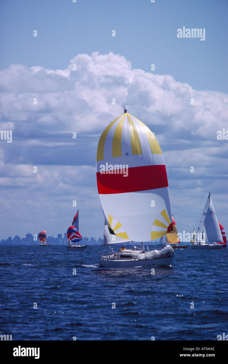 Sailboats sail in Howe Sound near the City of Vancouver in British ...