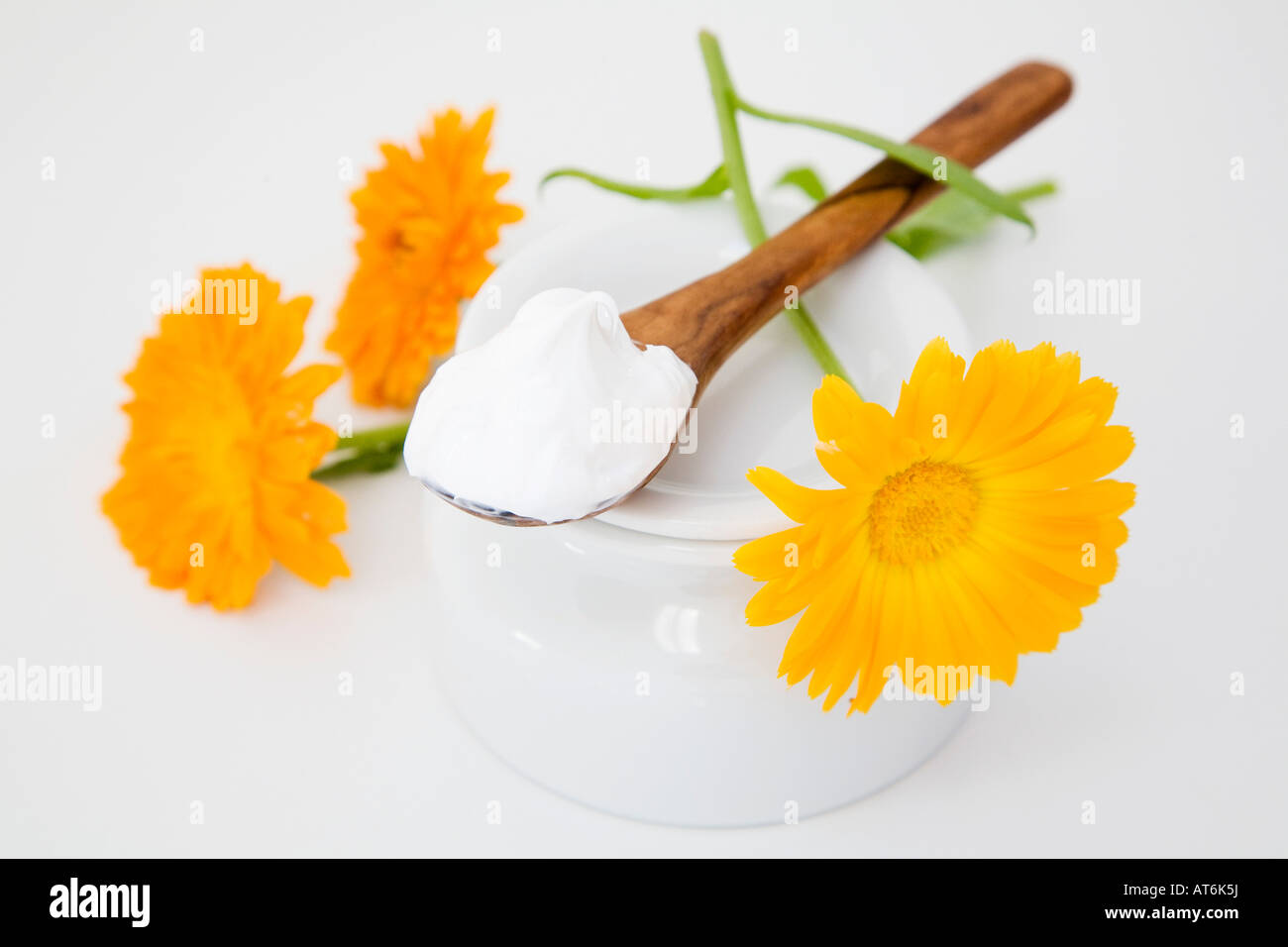 Marigolds and marigold cream on a cream pot, close-up Stock Photo - Alamy