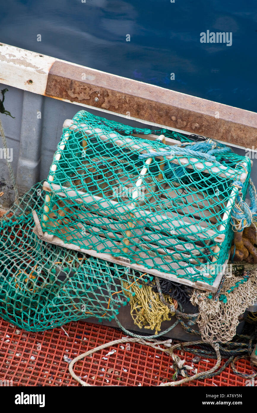 A lobster trap on board a fishing boat at Buckie Harbour, Buckie, Moray ...