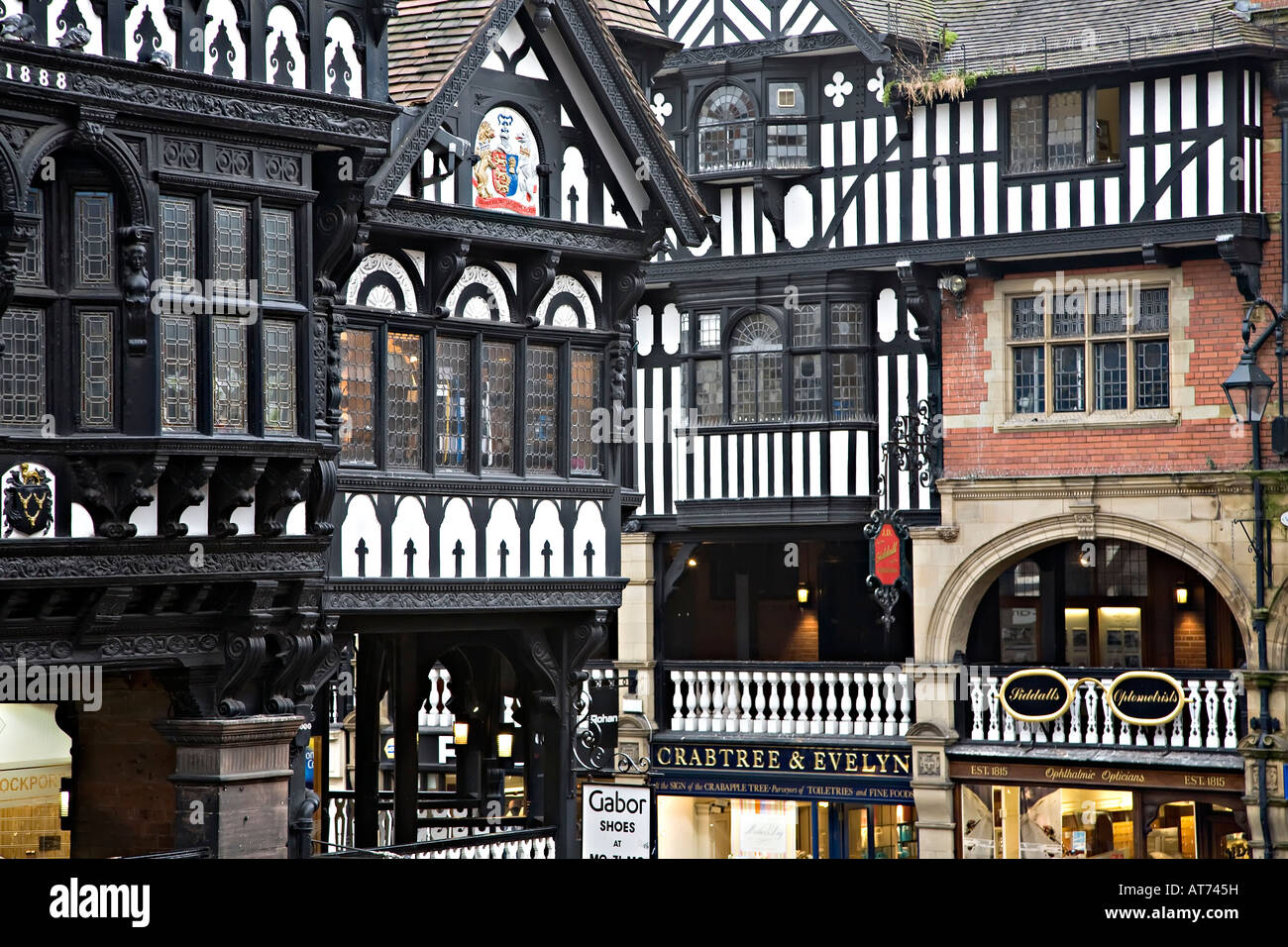 Old wood beamed buildings and shops Chester UK Stock Photo - Alamy