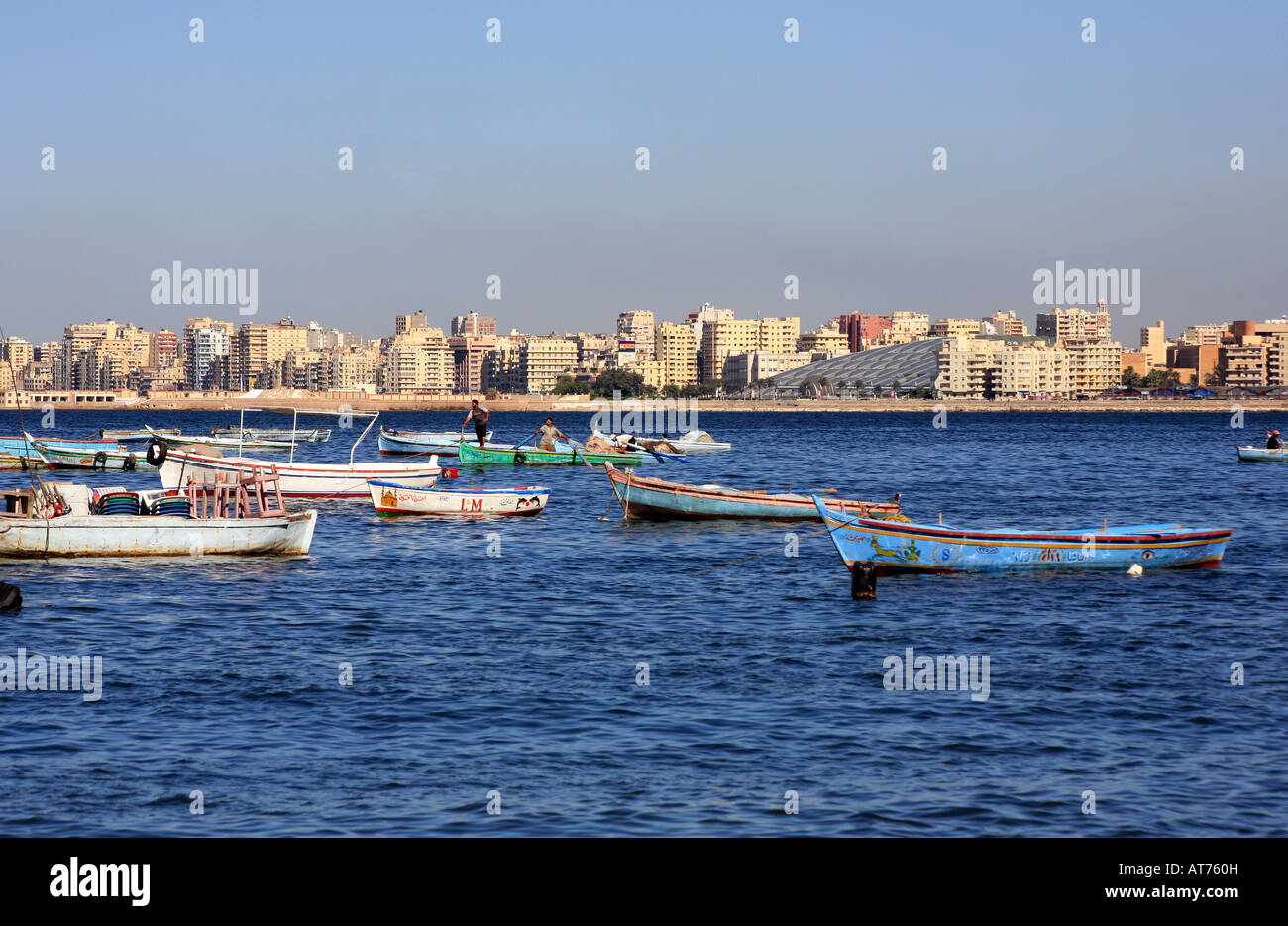 skyline and Fishing Boats in Eastern Harbor Alexandria Egypt Stock ...