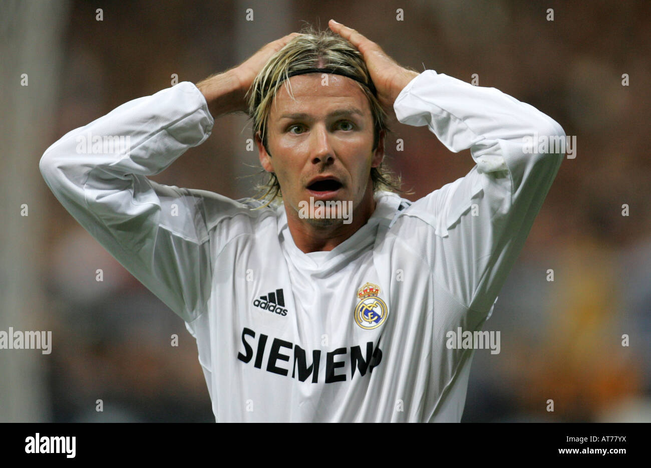 Real Madrid's English player David Beckham reacts during an UEFA ...