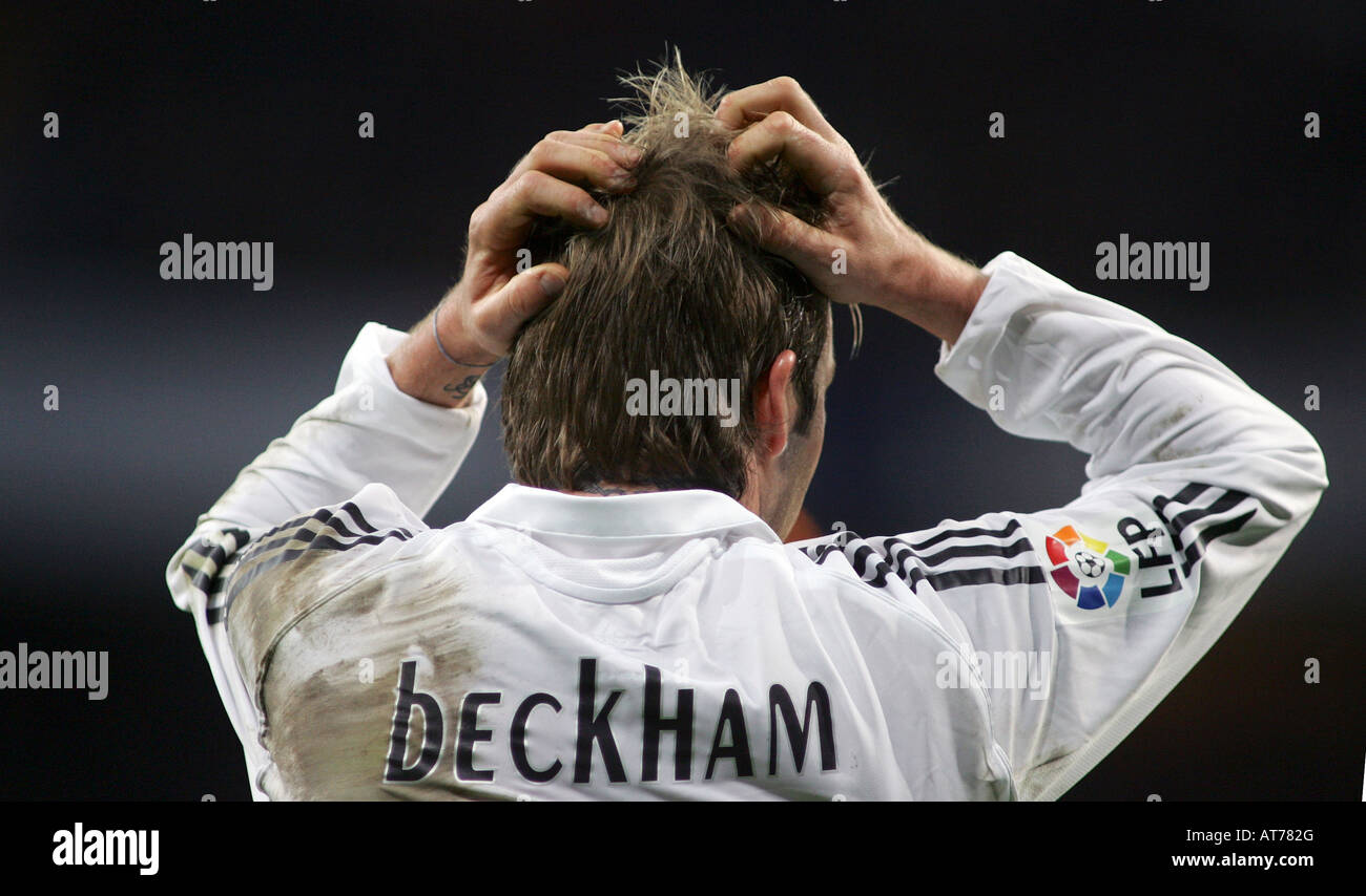 Real Madrid's David Beckham of England gestures during a soccer match ...