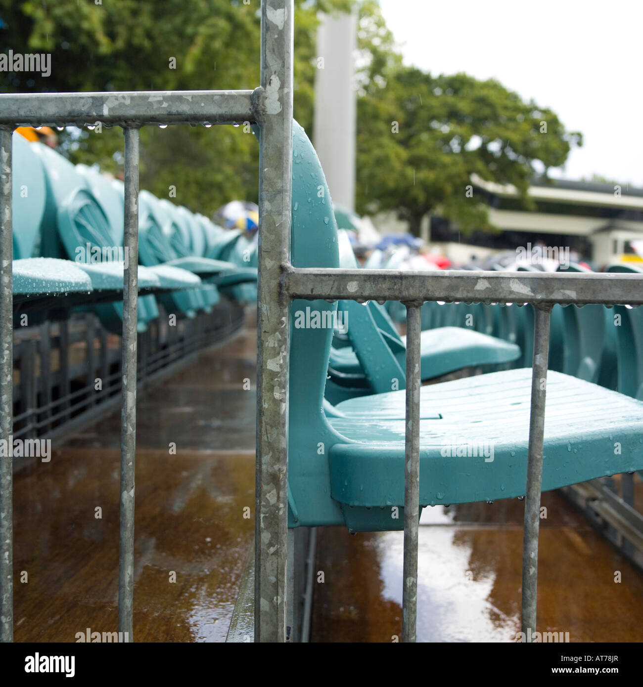 wet seating and frames in stands at cricket ground Stock Photo - Alamy