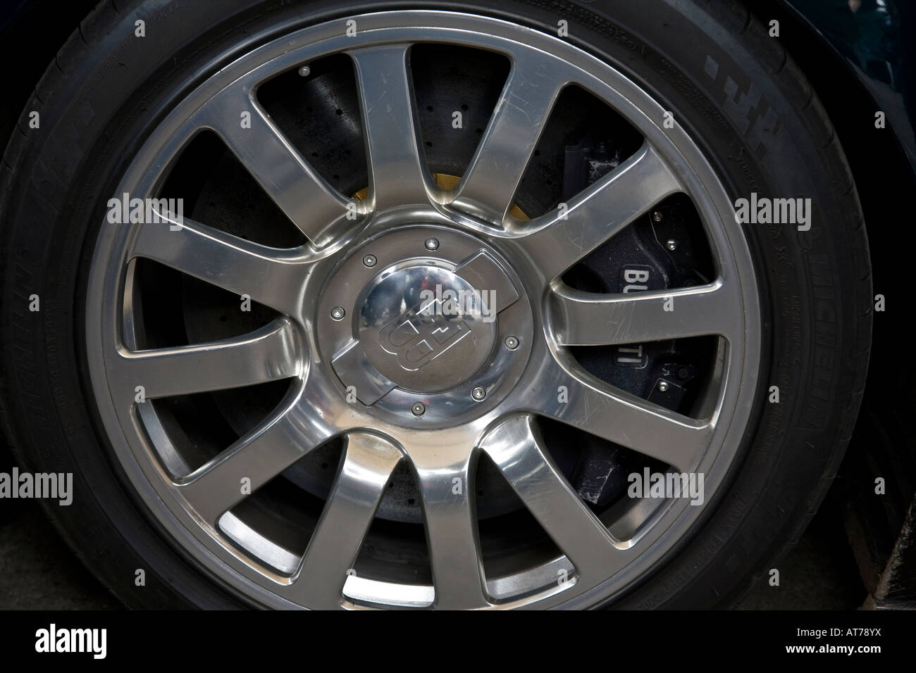 Close-up of the wheel of a Bugatti Veyron, Goodwood, West Sussex ...