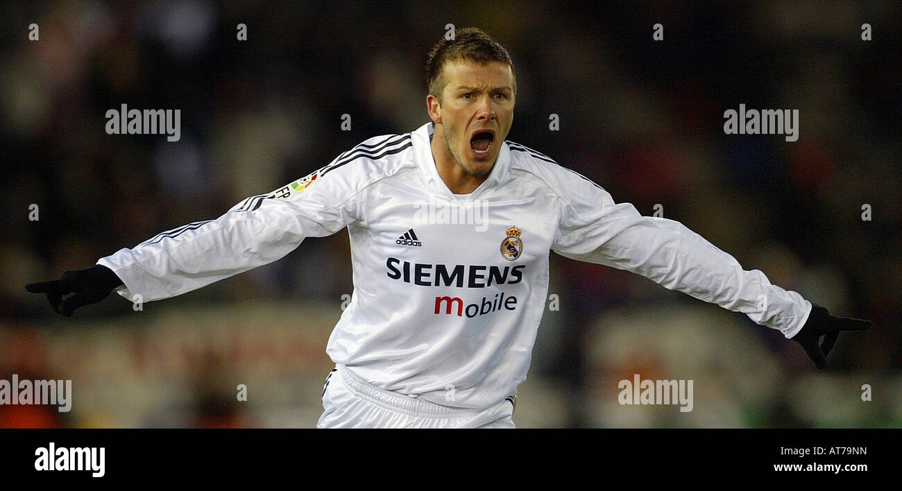 Real Madrid's David Beckham of England celebrates after scoring a goal ...
