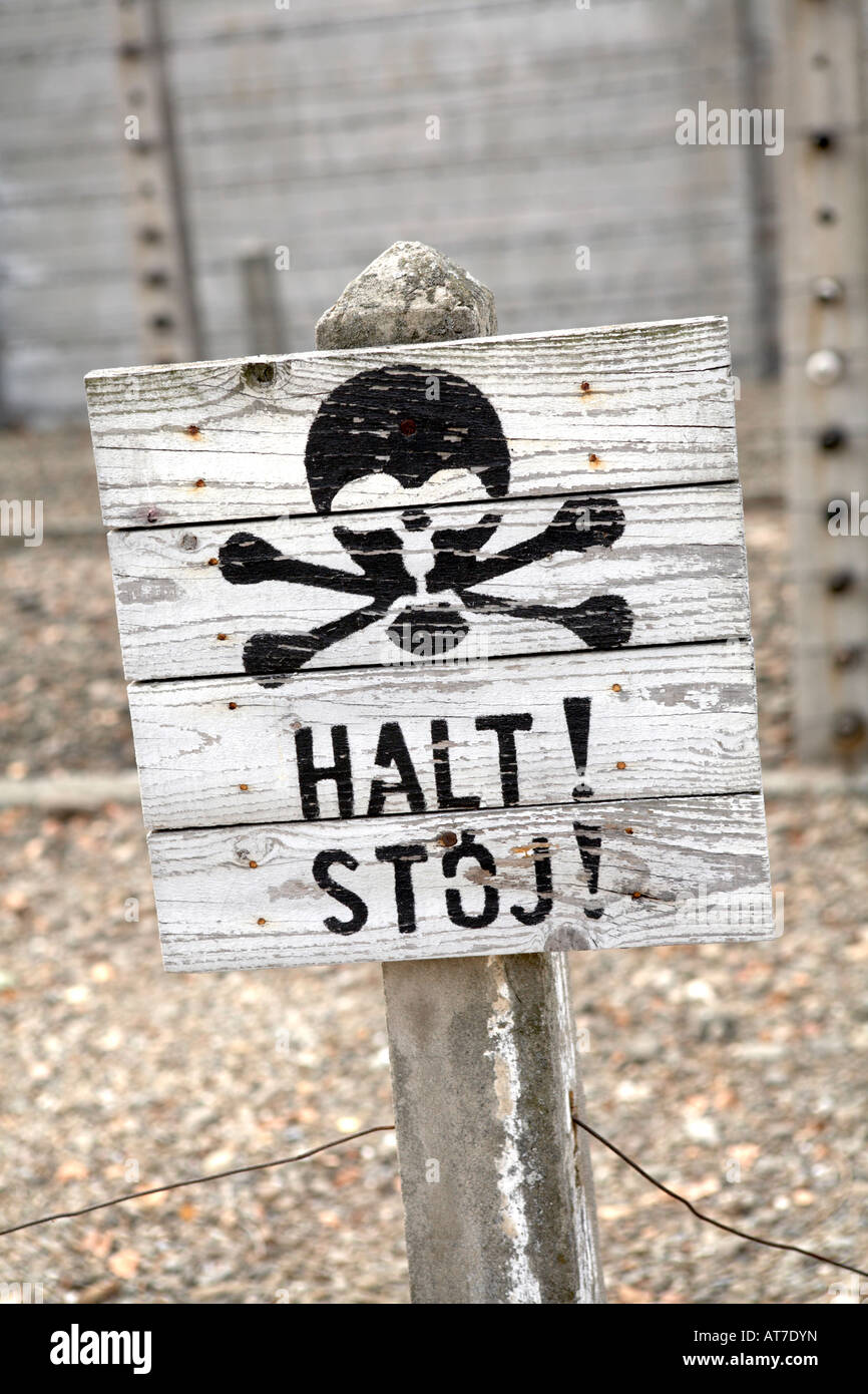 Europe Poland Auschwitz Birkenau State Museum HALT warning wooden sign ...