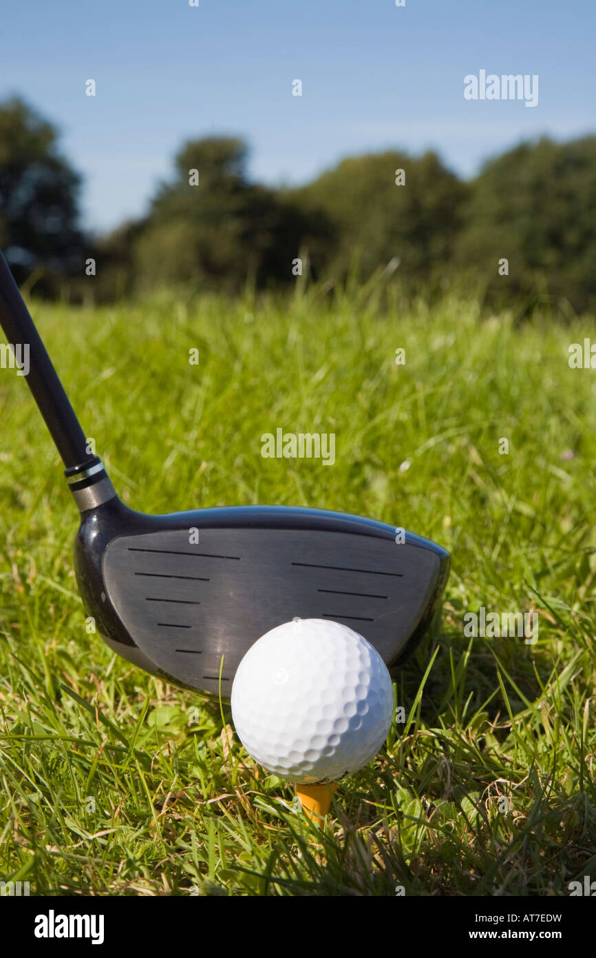 White golf ball in rough grass with driver behind at low angle Stock ...