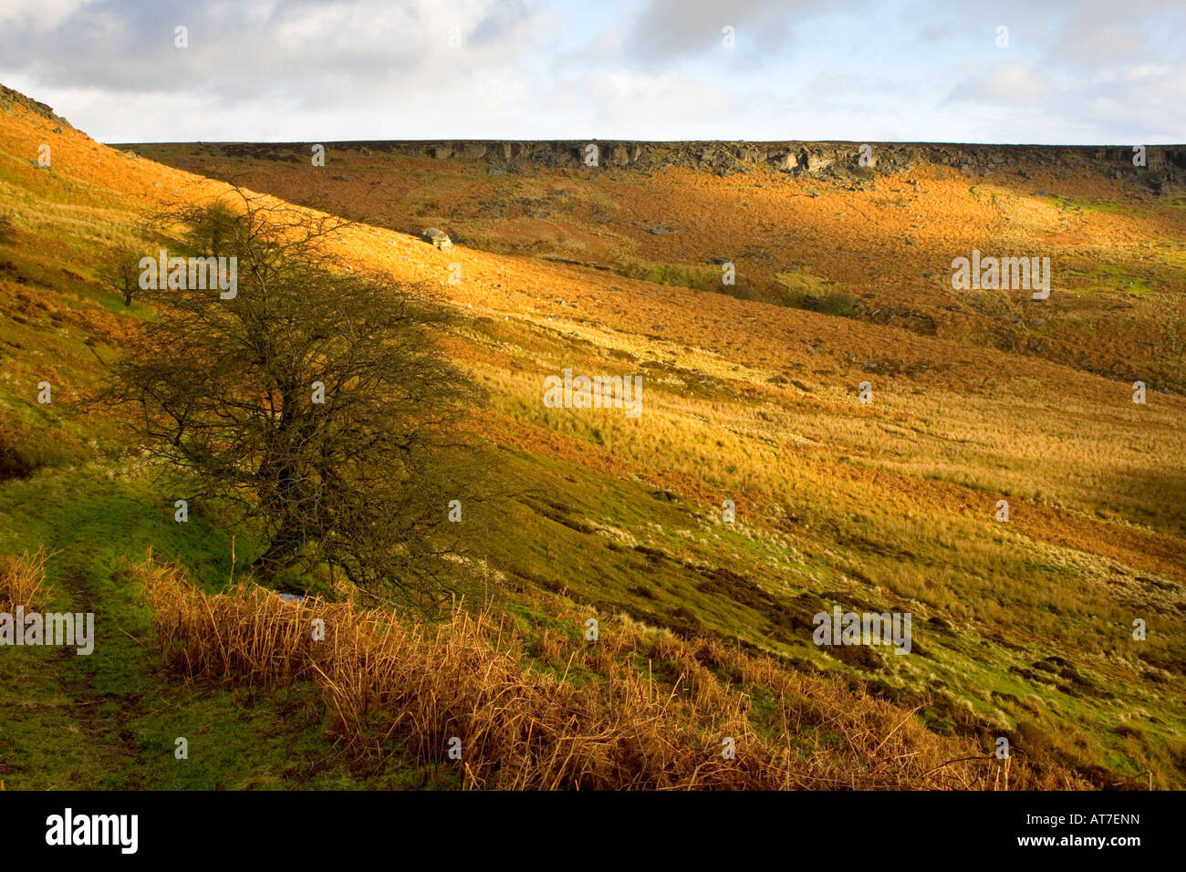 View of Burbage Rocks from footpath below Higger Tor on Hathersage Moor ...