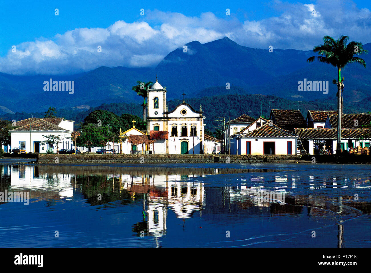 Parati town and building exteriors reflected in water Brazil Stock ...