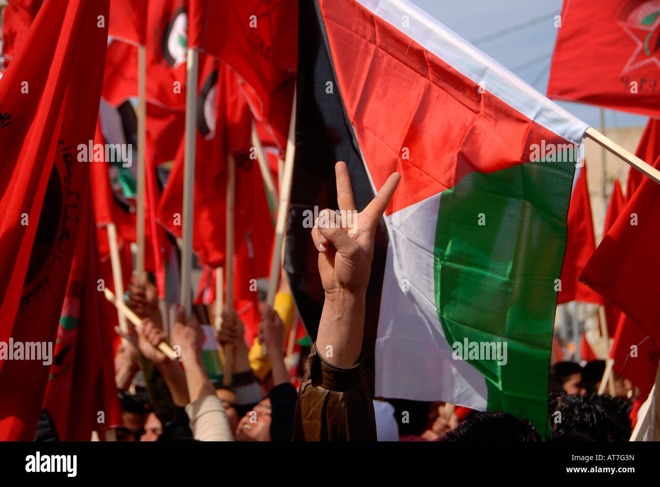 Palestinians give the V-sign during a protest in West Bank village of ...