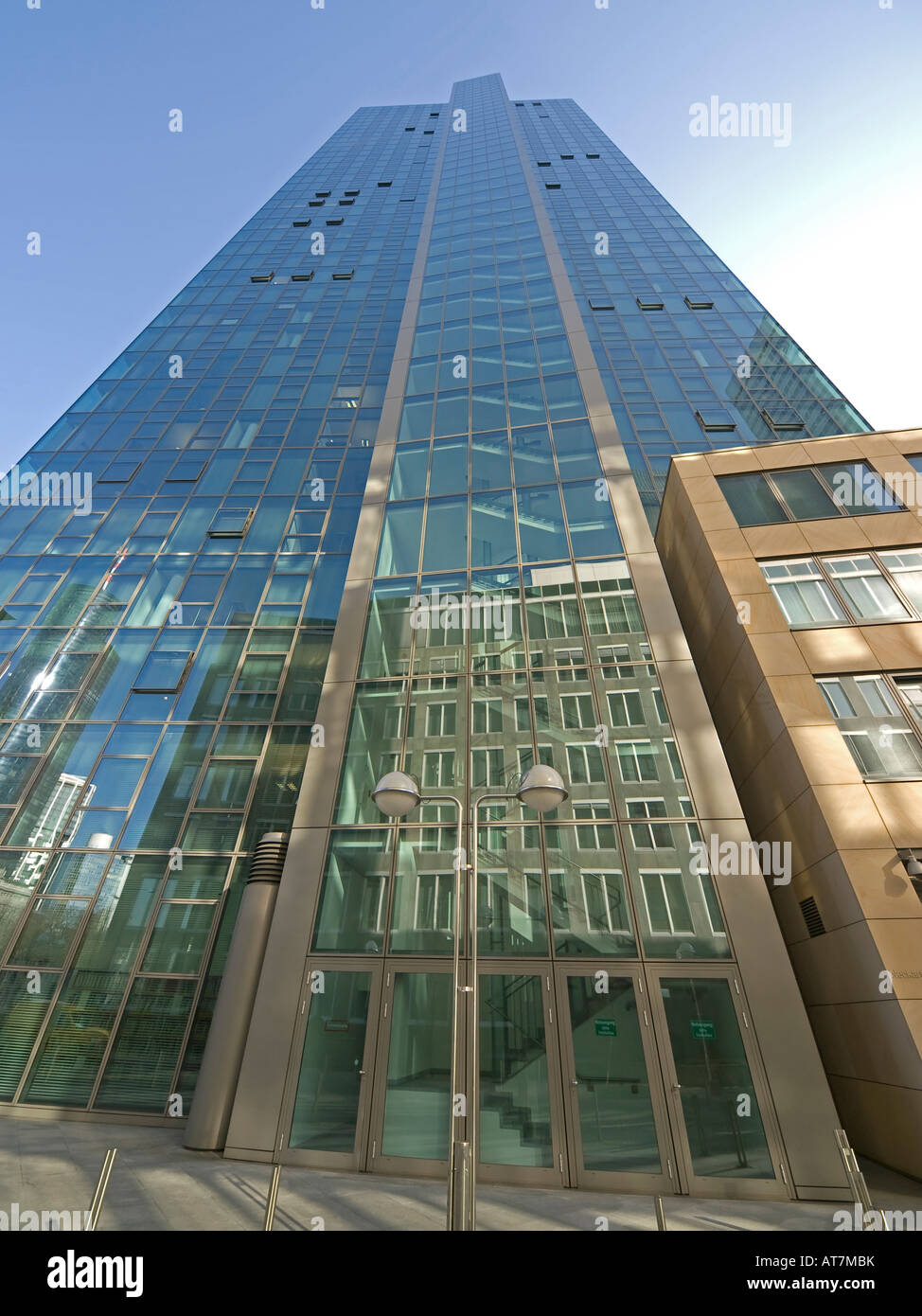 reflections of Japan Center on facade of the bank office tower of ...