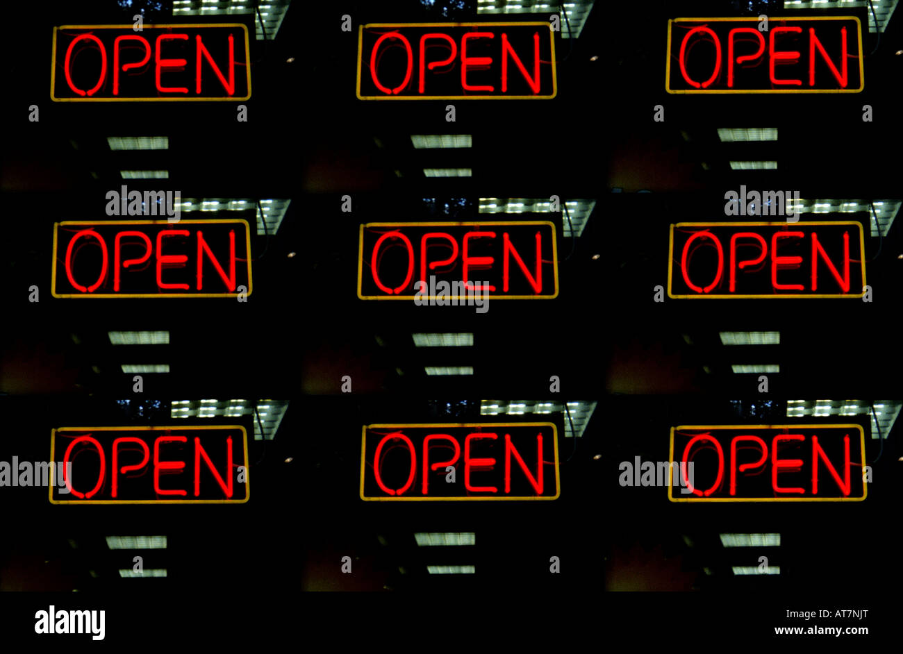 Multi lens Lomo camera view of open sign in London cafe window Stock ...