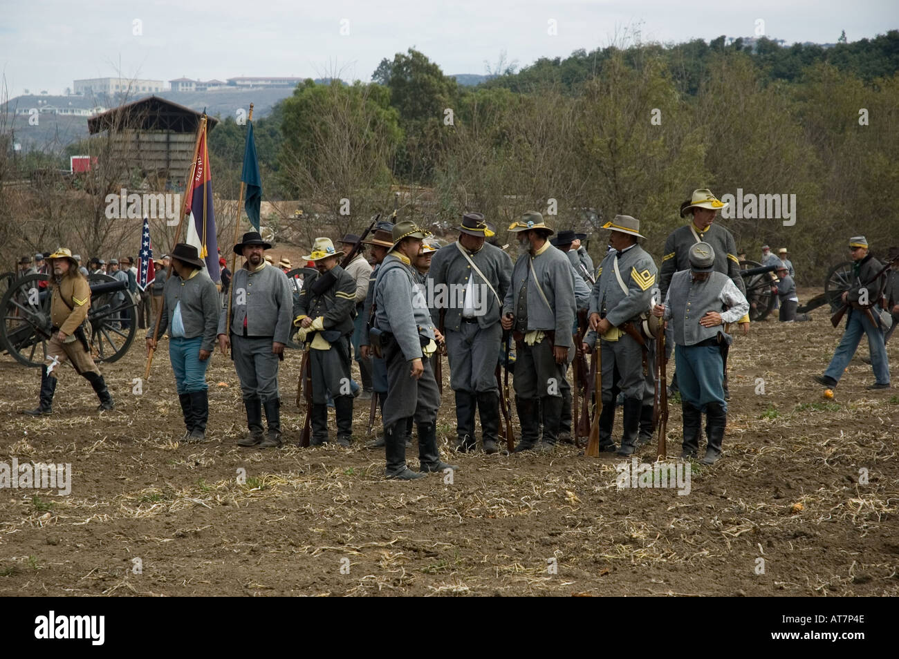 Soldiers gathered in battlefield at Civil War Reenactment event Stock ...