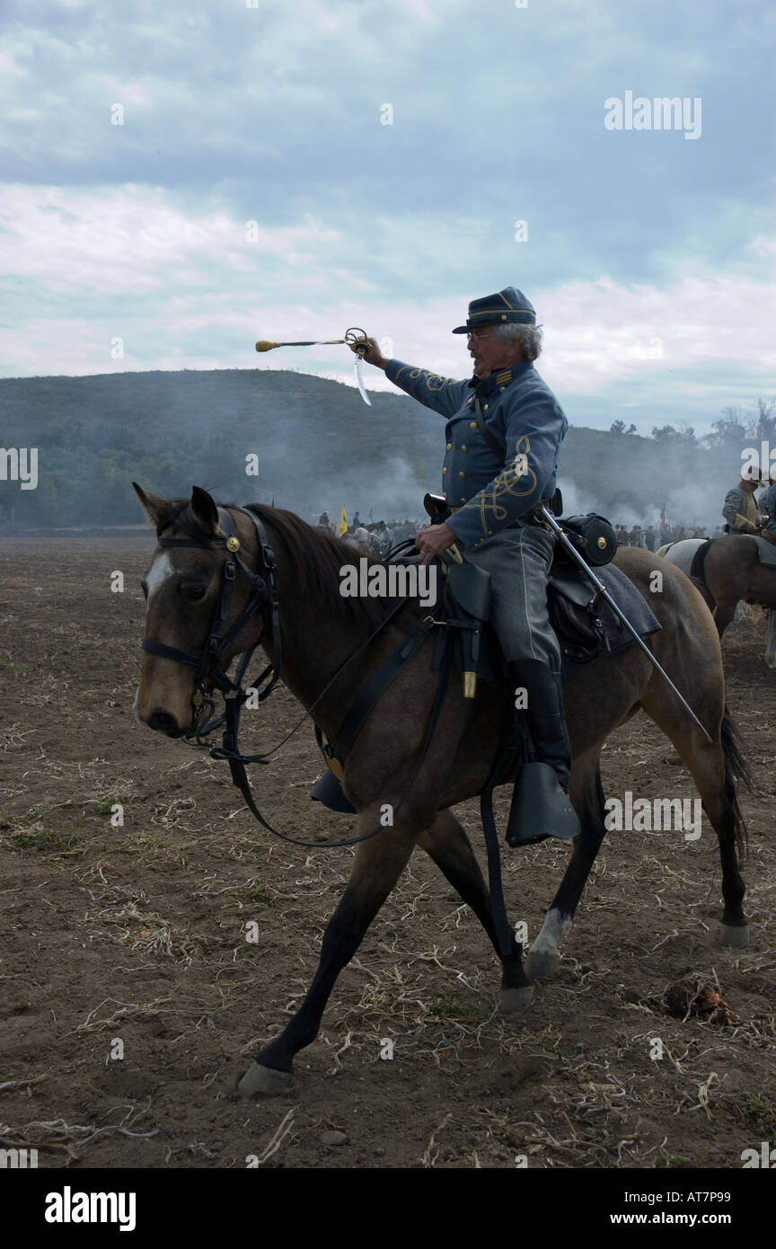 Mounted soldier in battlefield at Civil War Reenactment event Stock ...