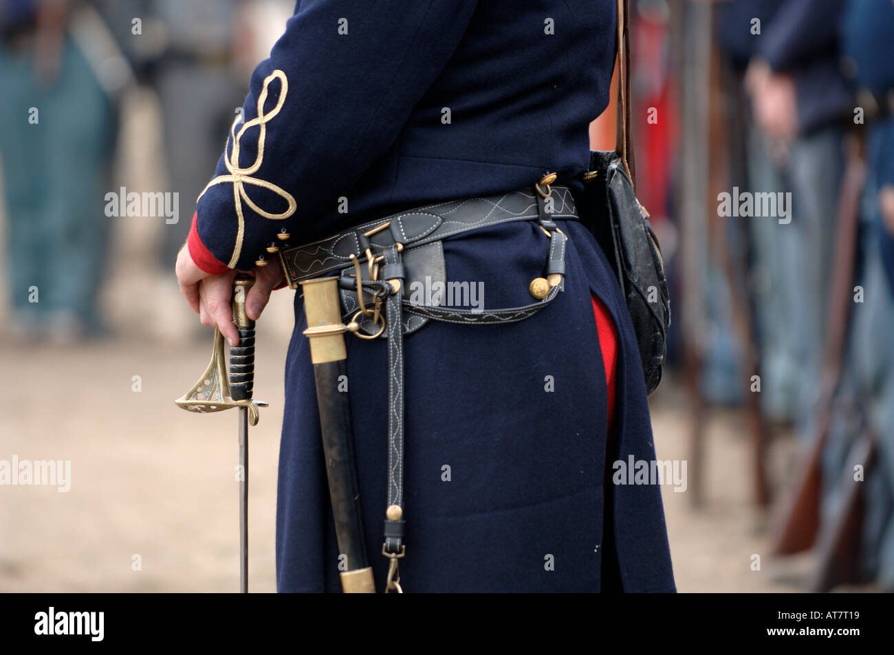 Close up of soldiers sabre saber belt at Civil War reenactment event ...