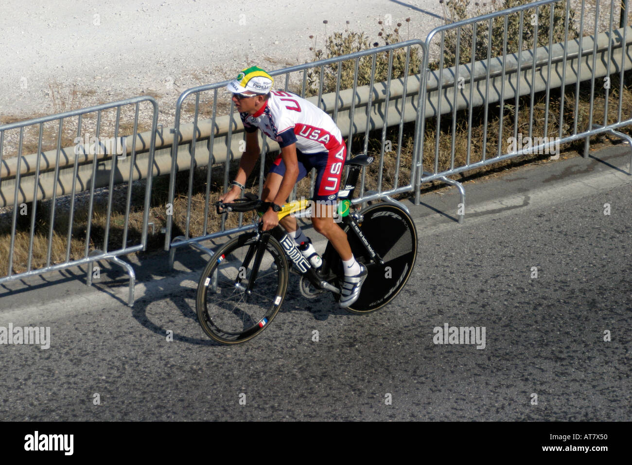 American cyclist out on the time trial course on practice day Athens ...
