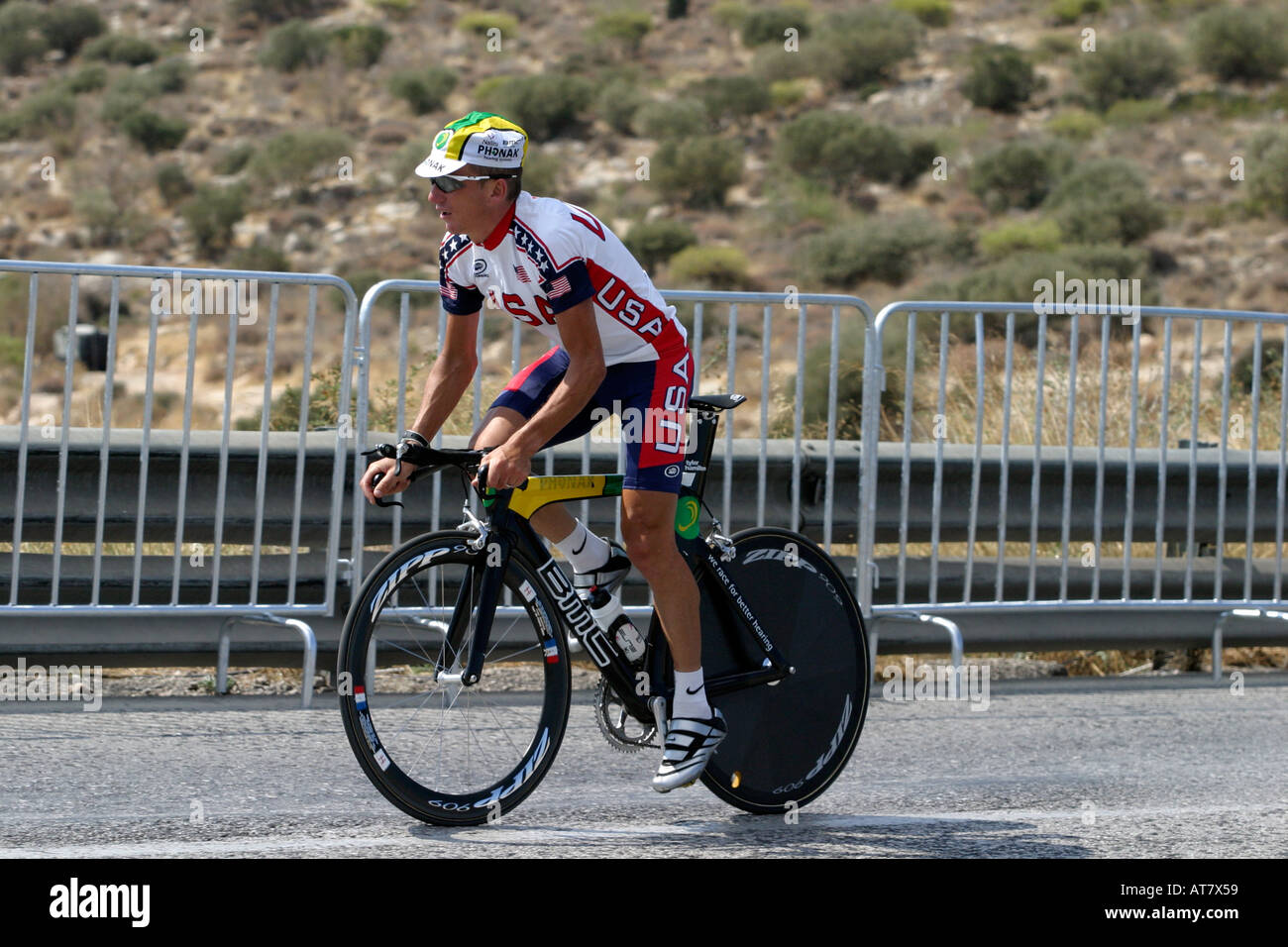 American cyclist Tyler Hamilton out on the time trial course on ...