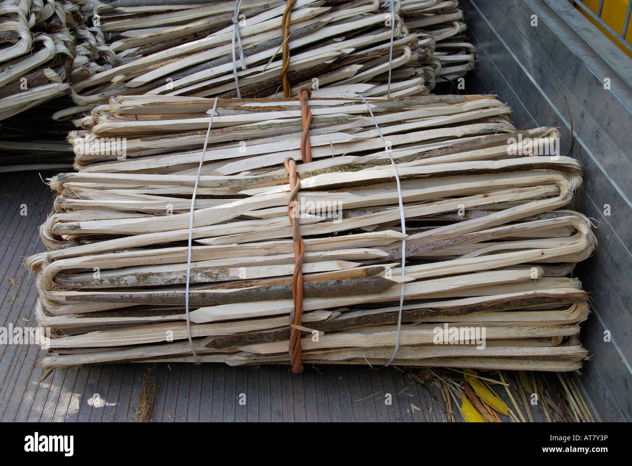 "bundle of hazelwood spars for thatching, Devon Stock Photo - Alamy