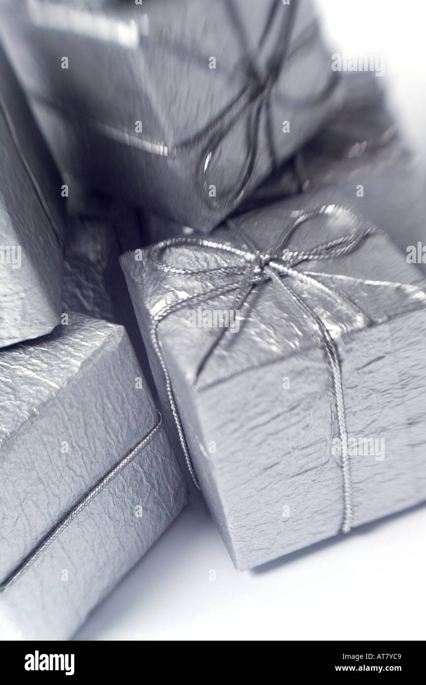 Stacked silver gift boxes hi-res stock photography and images - Alamy