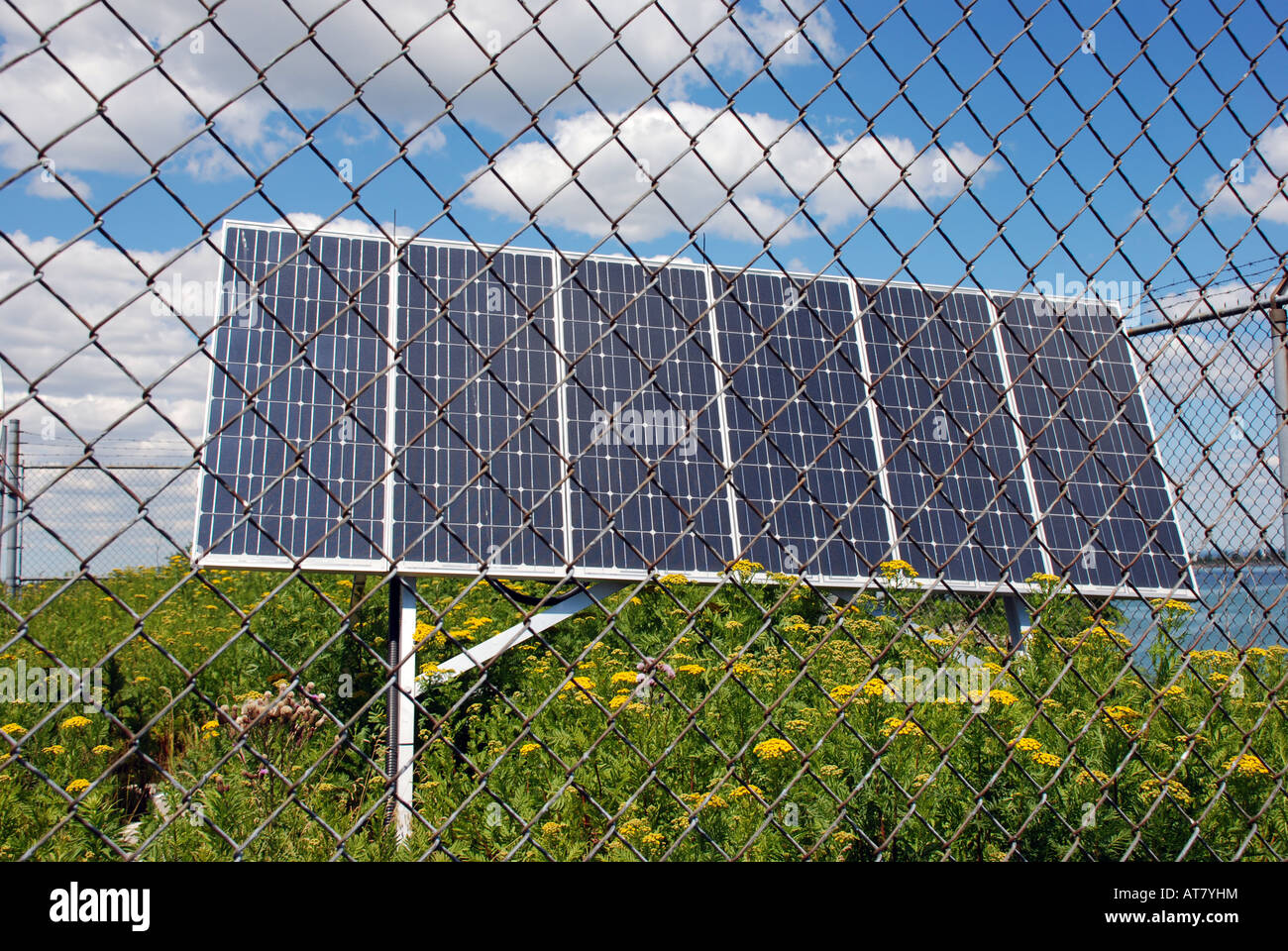 Solar energy panel behind the protective net Stock Photo - Alamy