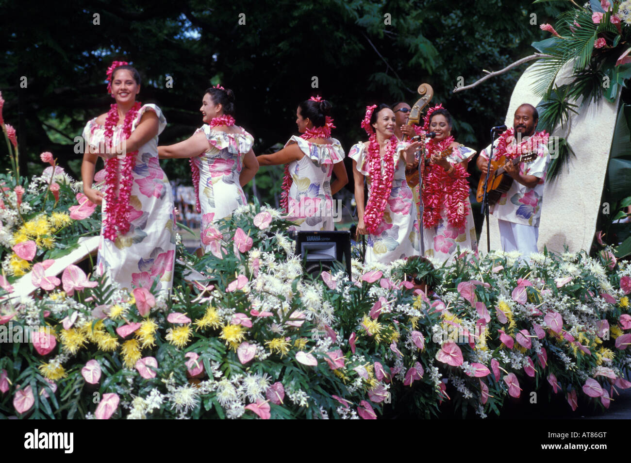 women dancing hula on float in Aloha Festivals Parade, Honolulu Stock ...
