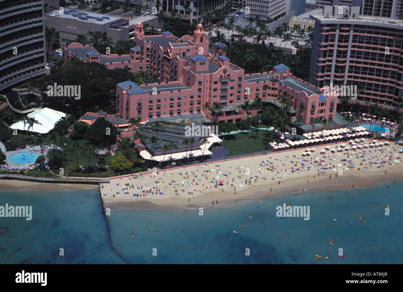 Aerial view of the Royal Hawaiian Hotel on the beach in Waikiki. The ...
