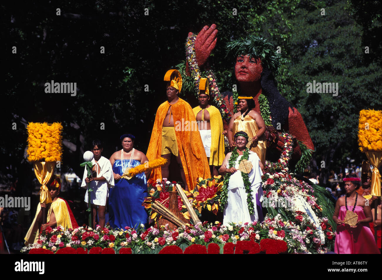 a float in the Aloha Festivals Parade, beautifully decorated with ...