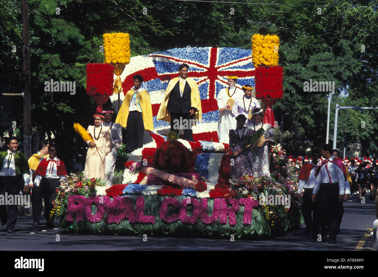 a float in the Aloha Festivals Parade, beautifully decorated with ...