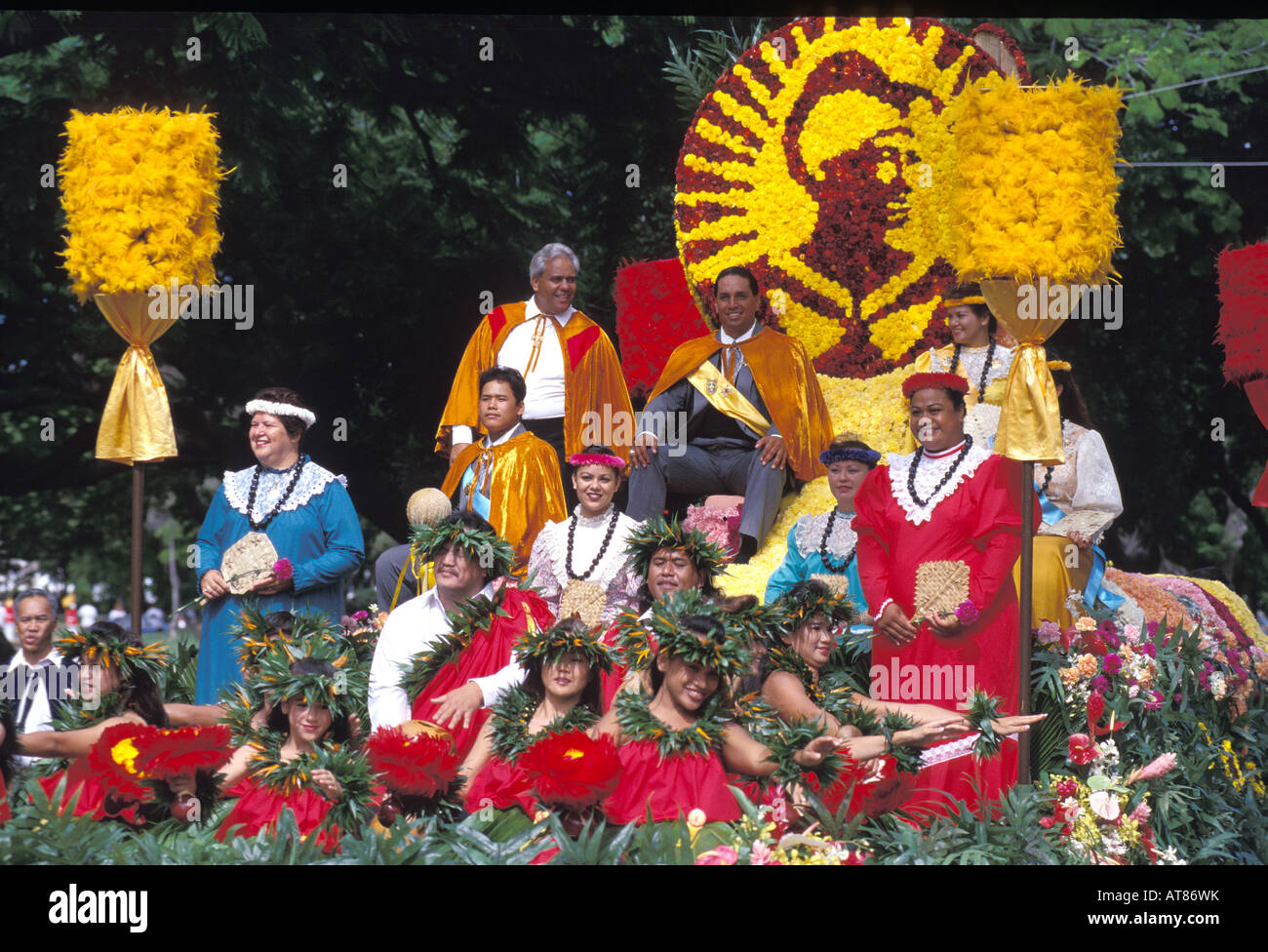 a float in the Aloha Festivals Parade, beautifully decorated with ...