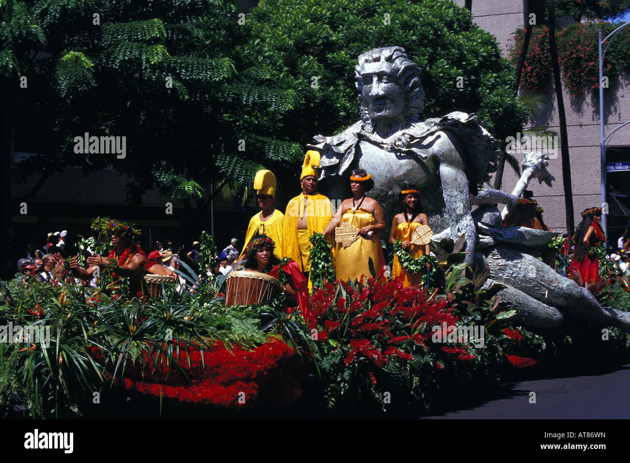 a float in the Aloha Festivals Parade, beautifully decorated with ...
