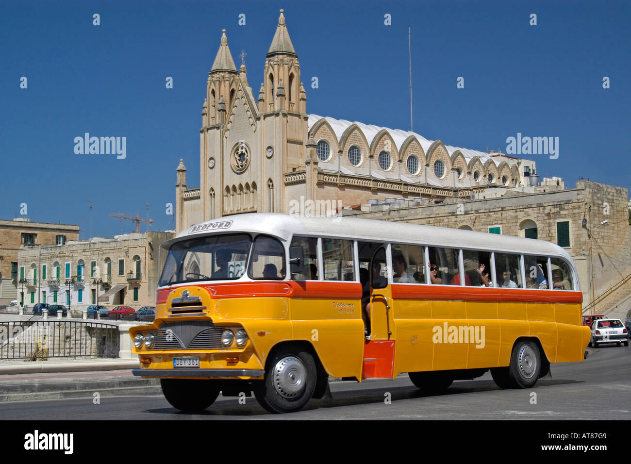 Bus Our Lady of Mount Carmel church Balluta Bay Malta Stock Photo - Alamy