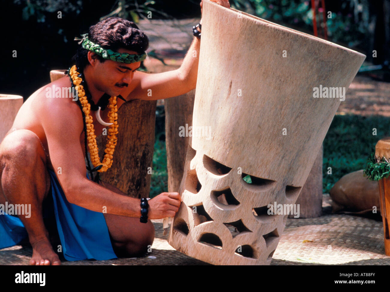 Hawaiian man with pahu ( drum ) at Makahiki festival, Waimea Valley ...