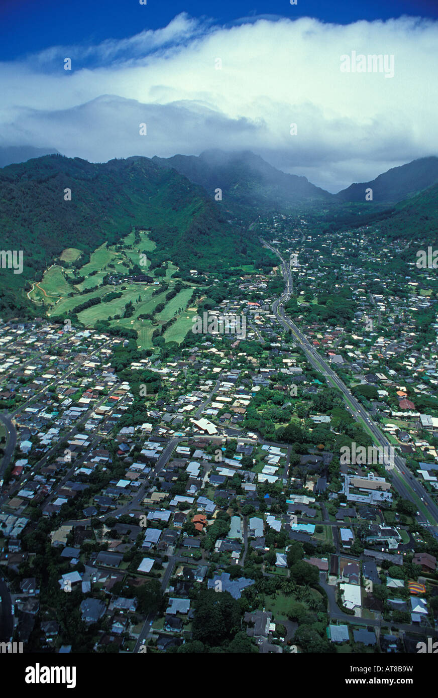 Aerial shot, lush golf course at Oahu Country Club in Nuuanu, nestled ...