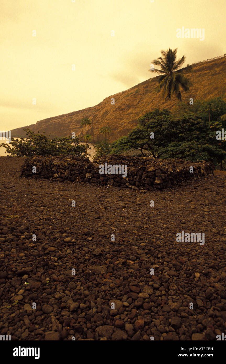The stone walls of the Hikiau Heiau (sacred Native Hawaiian temple) on ...
