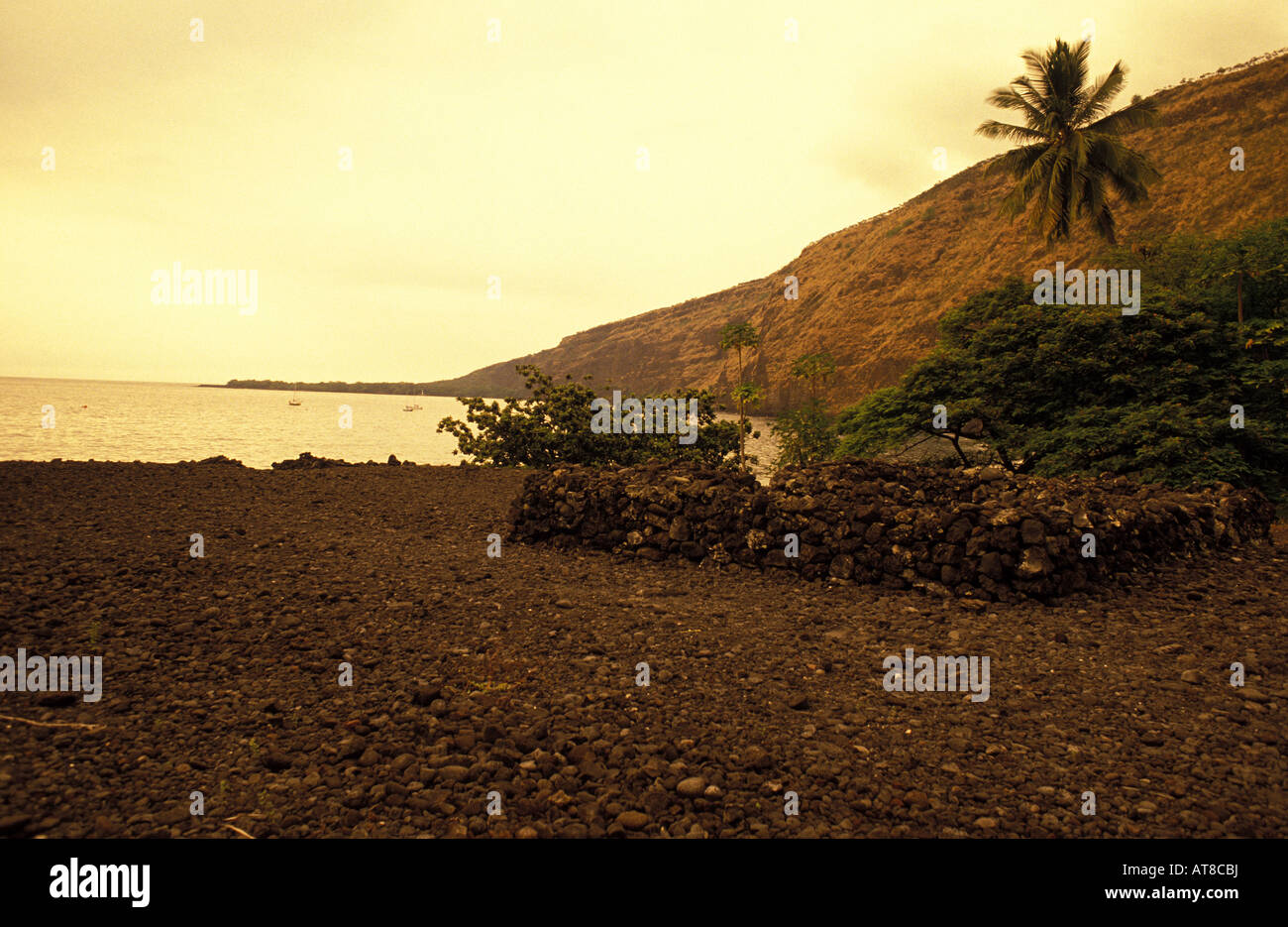 The stone walls of the Hikiau Heiau (sacred Native Hawaiian temple) on ...