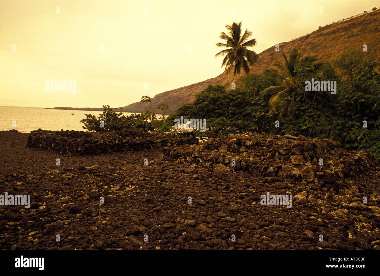 The stone walls of the Hikiau Heiau (sacred Native Hawaiian temple) on ...
