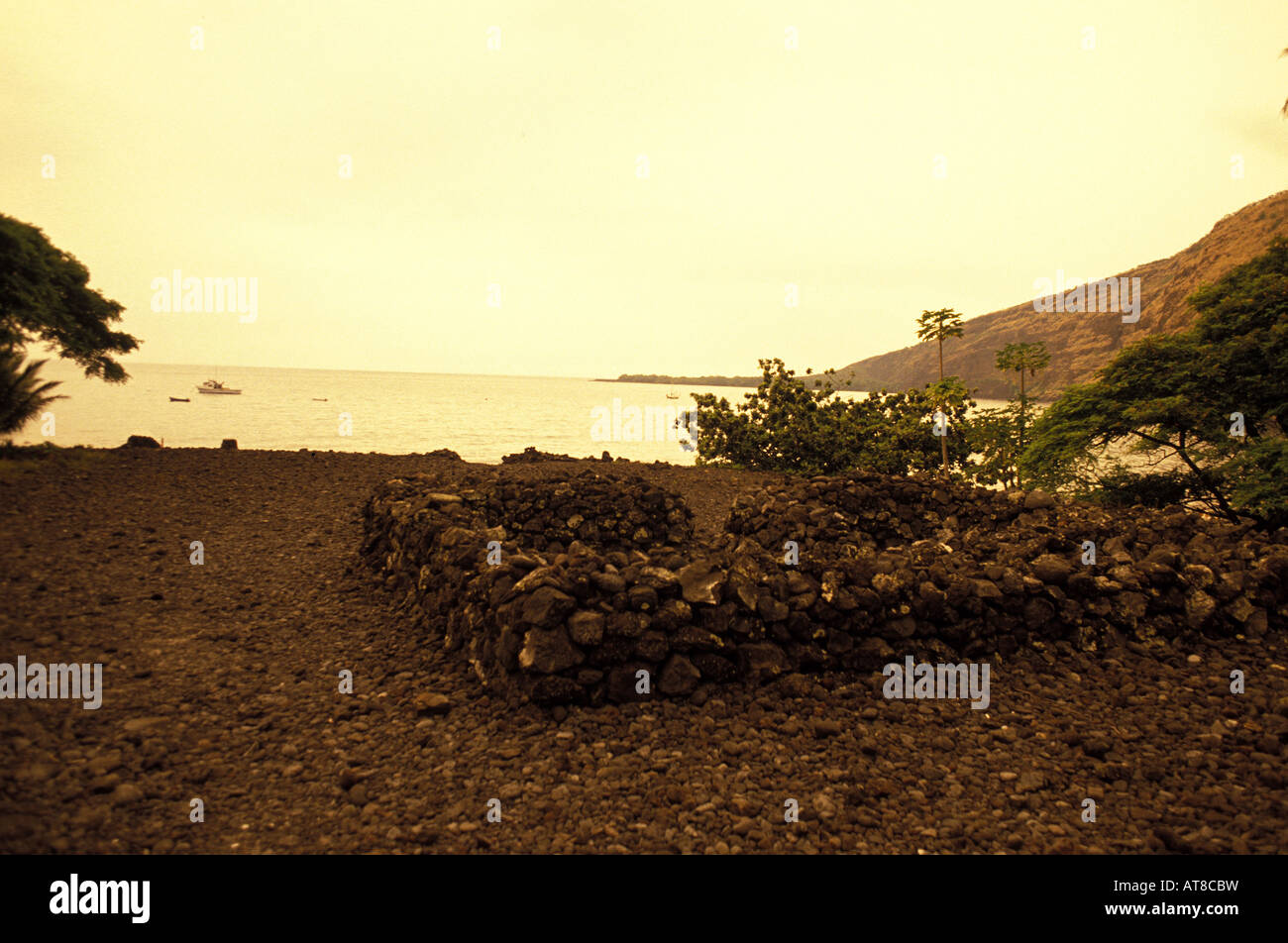 The stone walls of the Hikiau Heiau (sacred Native Hawaiian temple) on ...