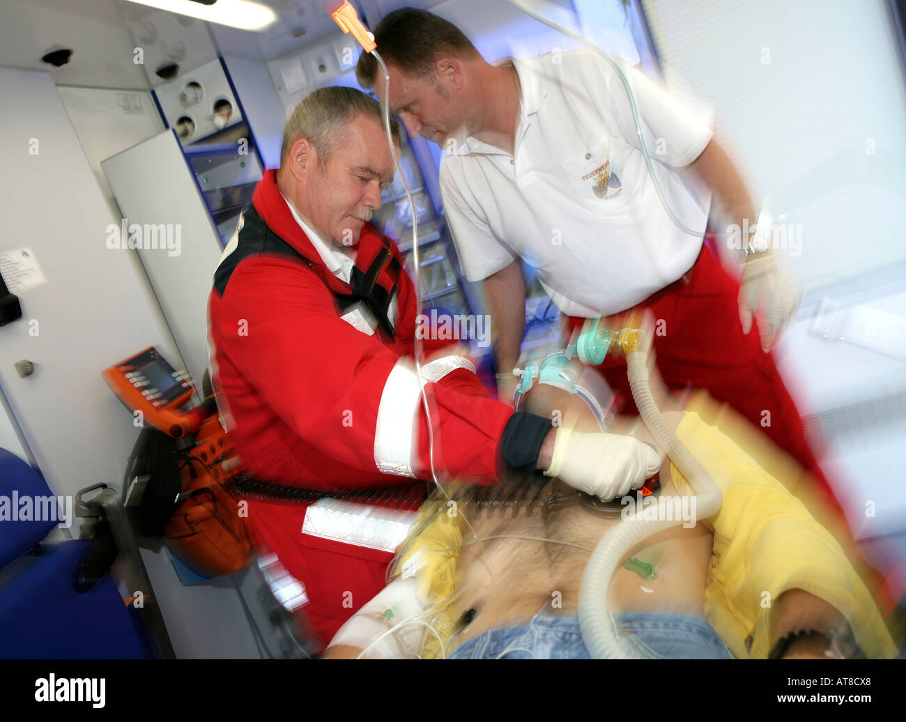 DEU, Germany : Rescue, paramedics in an ambulance truck, attempt at ...
