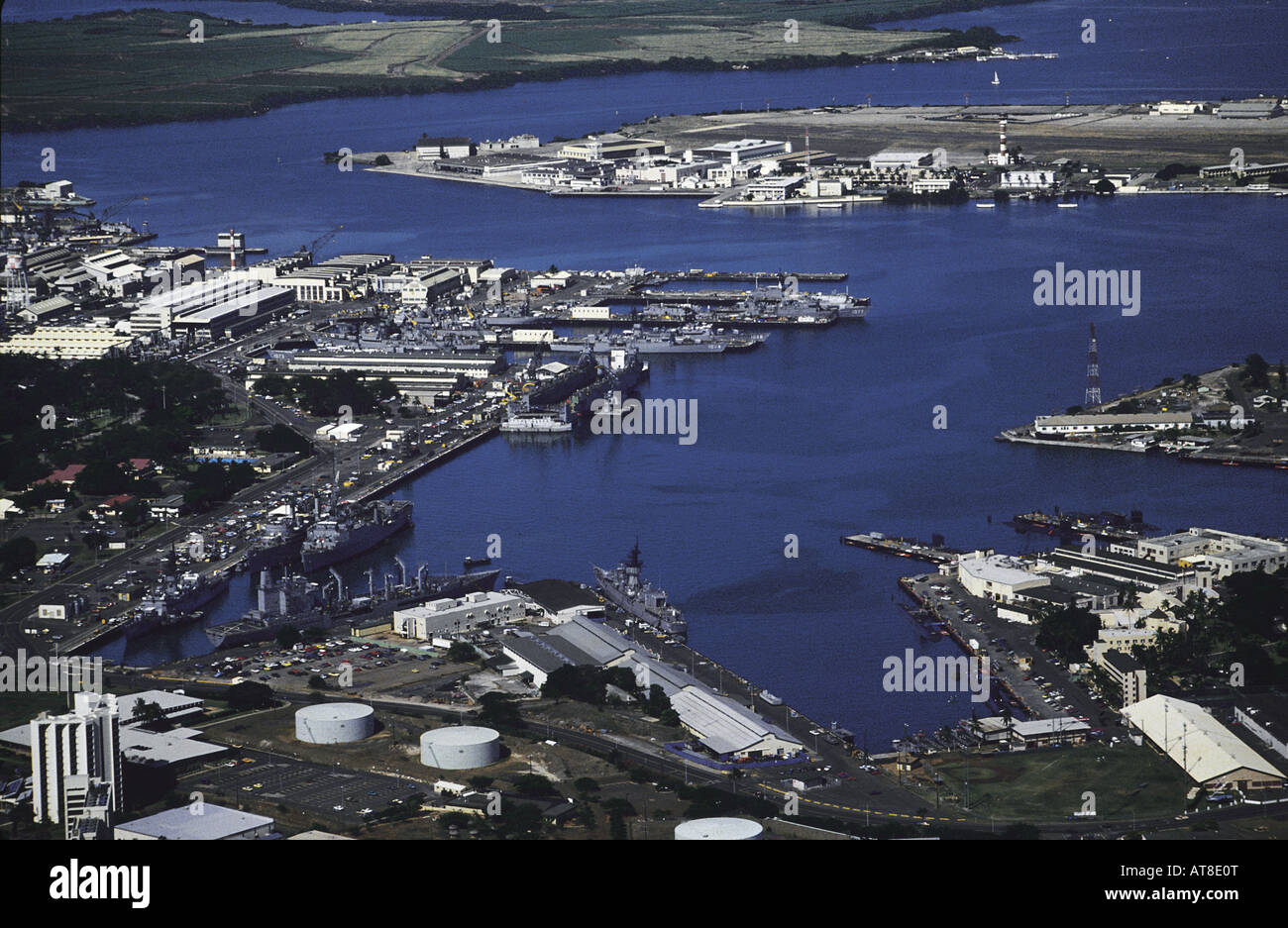 Aerial of Pearl Harbor with ships, island of Oahu Stock Photo - Alamy