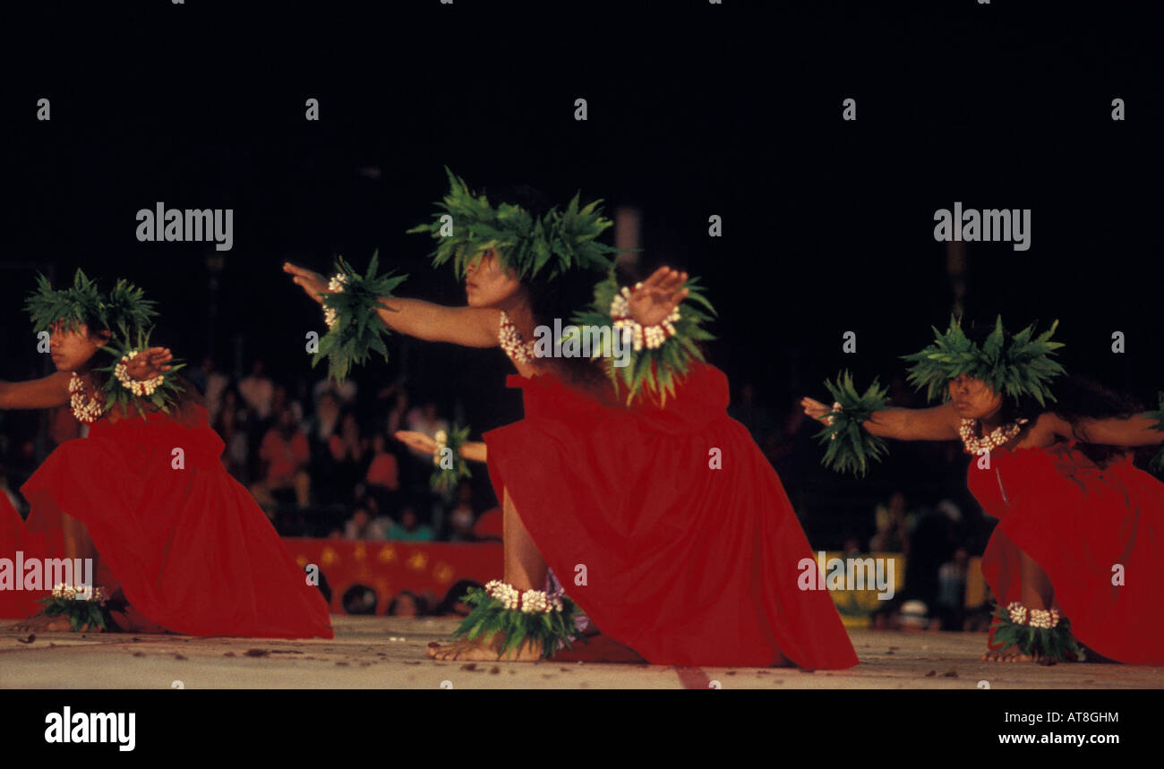 Hula dancers performing a kahiko, ancient, dance at the Merrie Monarch ...